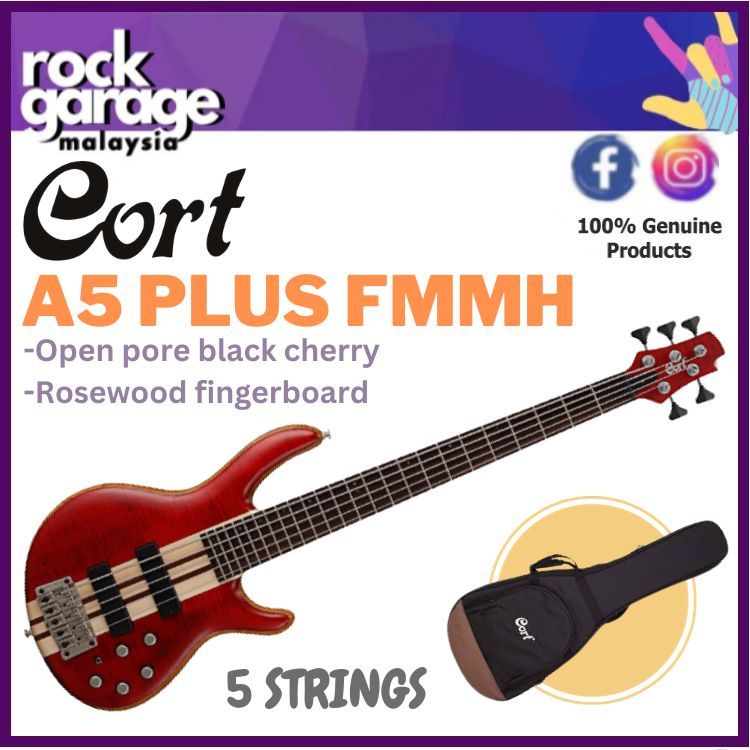 Cort A5 Plus FMMH 5-String Bass Guitar Rosewood Fretboard With Bag - Open Pore Black Cherry ...