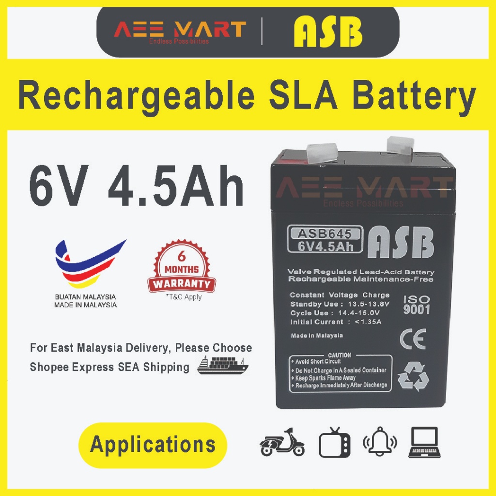 ASB 6V 4.5 Ah Rechargeable Back Up Sealed Lead Acid VRLA Battery Auto ...