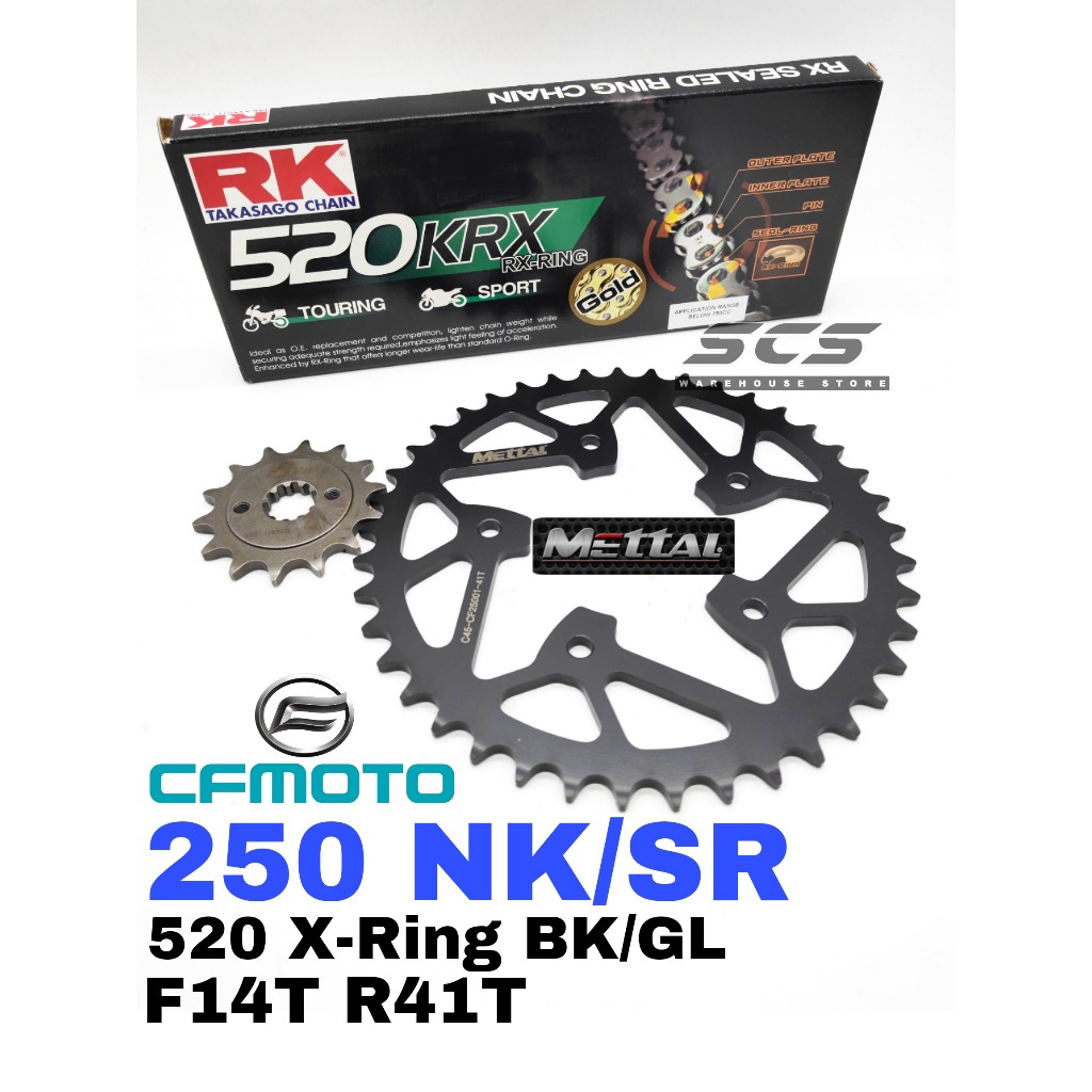 RK Chain Set CFMoto 250NK 250SR 520 KRX X-Ring Rivet Black Gold Mettal ...