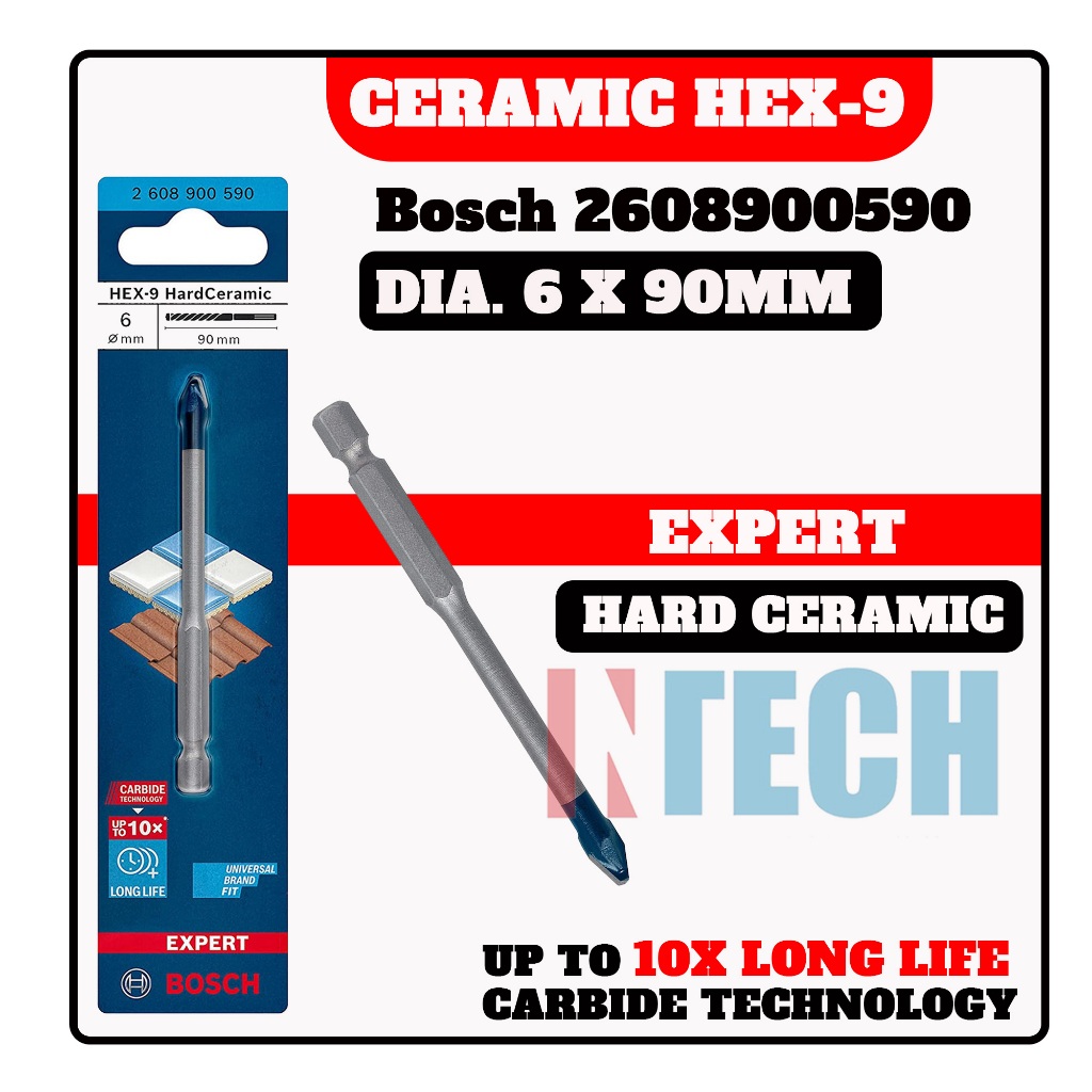 BOSCH 2608900590 HEX-9 HARD CERAMIC DRILL BIT DIAMETER 6MM x 90MM (1PC ...