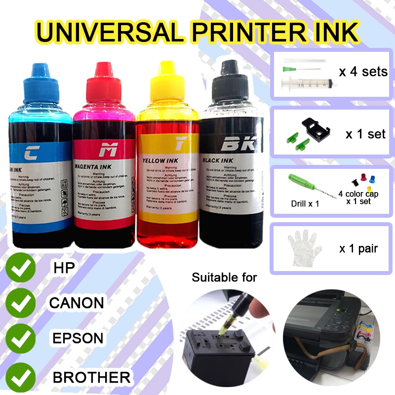 UNIVERSAL INKJET PRINTER REFILL INK COMPATIBLE INK 100MLBLACK / CYAN ...