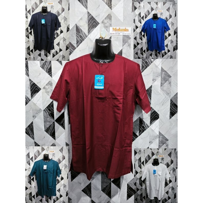 Kurta Lengan Pendek Panjang Leher Bulat Kolar Almas Kain Sejuk | Shopee ...