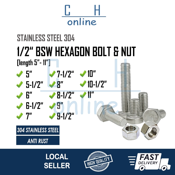 1/2 Inch [Length 5"-11"] BSW STAINLESS STEEL 304 HEXAGON BOLT & NUT ...