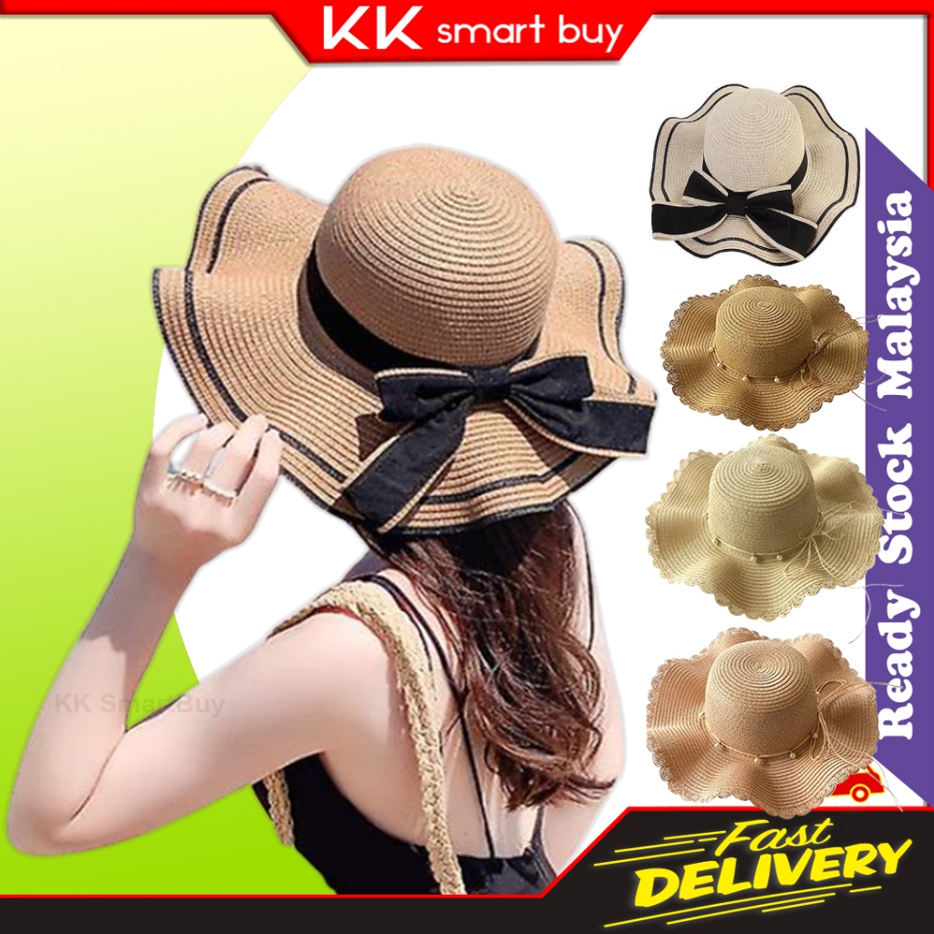 Beach Straw Hat Ladies Big Brim Foldable Bow Beach Hats Female Summer Vacation Pantai Topi Besar ...