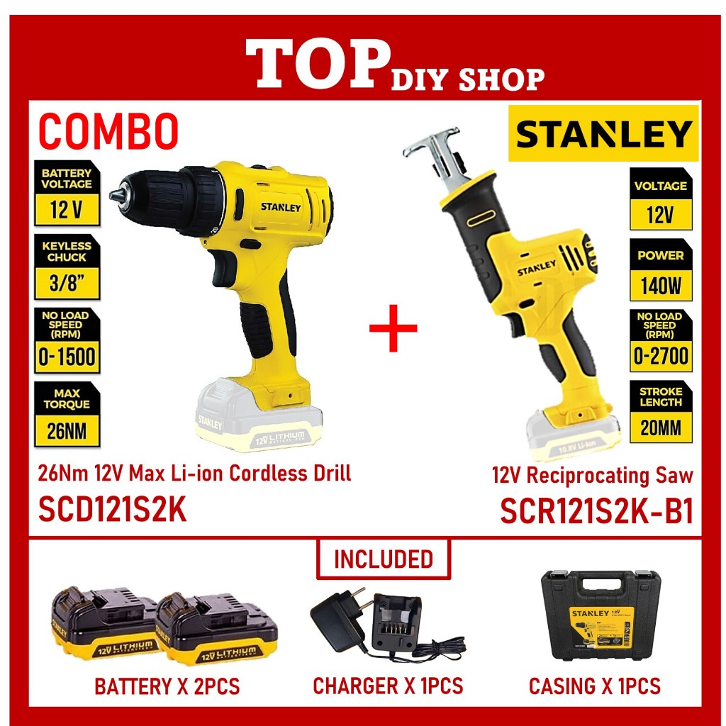 STANLEY SCD121S2K 12V Cordless 10mm Drill Driver With 2 Batteries & 1 ...