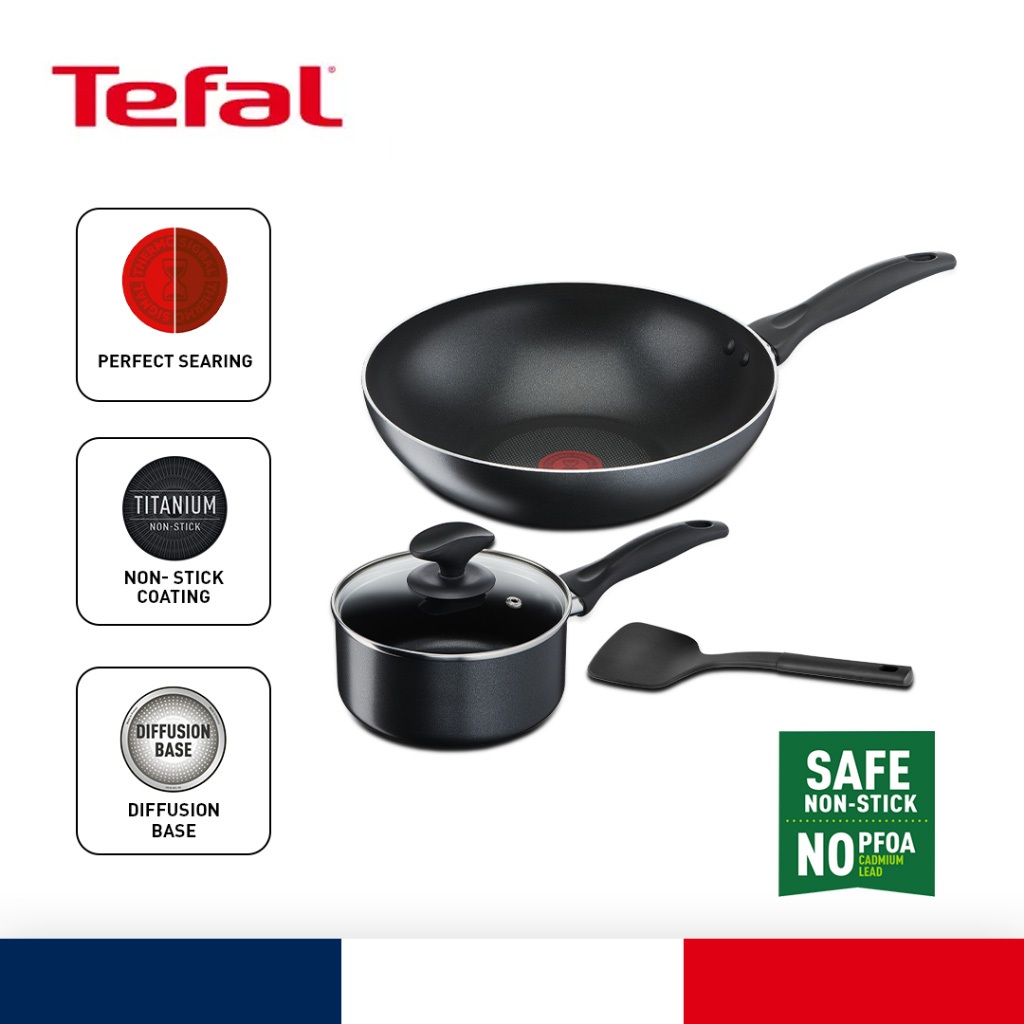 Tefal Cook & Clean 4pcs Set (Saucepan with lid 16cm + Wokpan 28cm + Small spatula) B225S4 ...