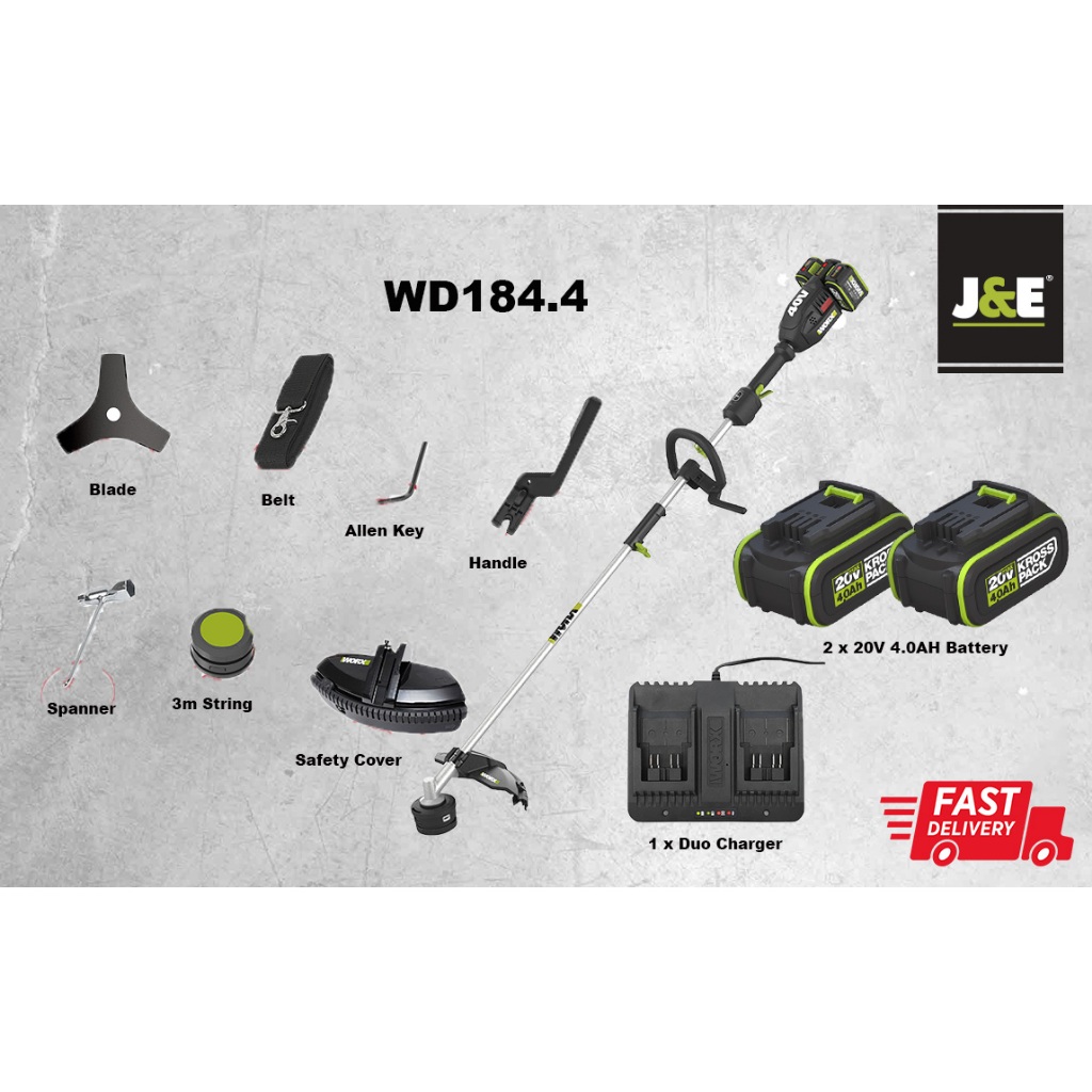J E Worx Professional Wd184 2x20v 40v Cordless Brushless Grass Trimmer
