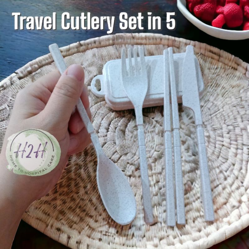 5 in 1 Set Wheat Straw Cutlery Set Spoon Folk Chopstick Bread Knife ...