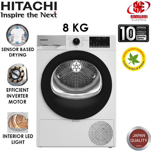 HITACHI INVERTER CONDENSER TUMBLE DRYER 8KG WITH ANTI ALLERGE/HYGIENE ...