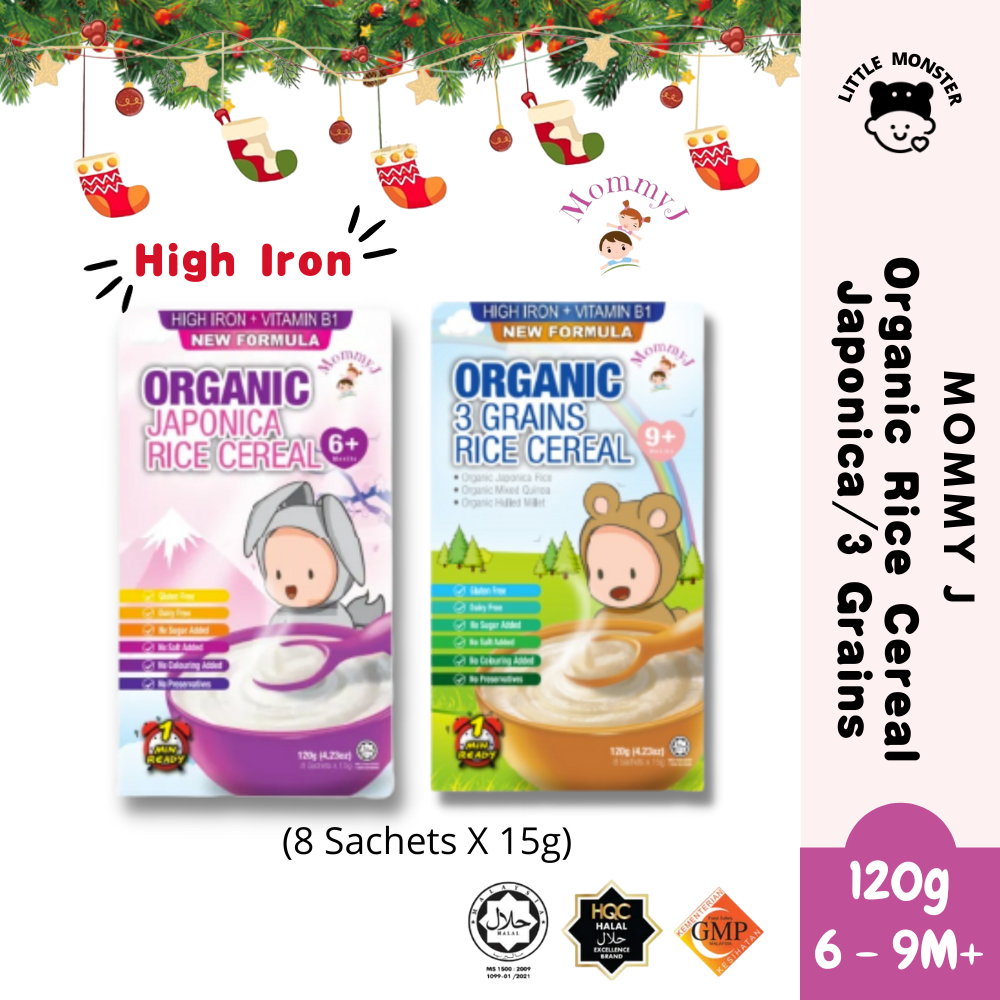 MommyJ Organic Rice Cereal Japonica (6M+) 3Grains (9M+) 8 Sachets 宝宝有机米糊 Baby Rice Cereal ...