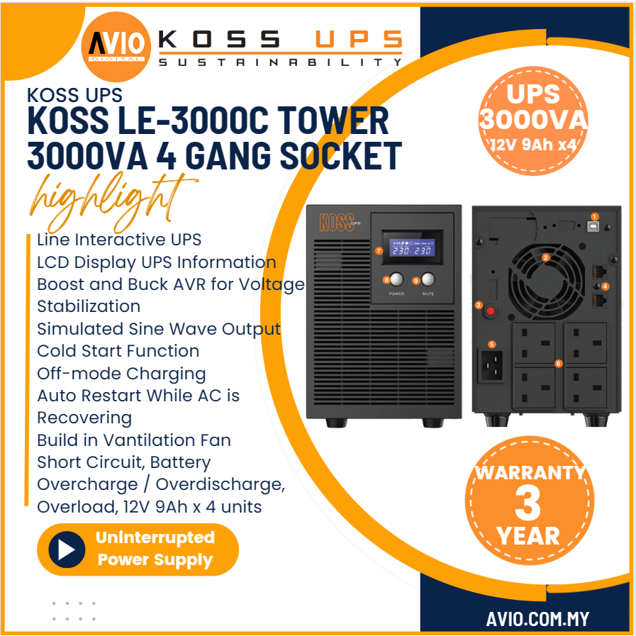 KOSS Lennox 3000VA 1800W Uninterruptible Power Supply UPS 12V 9Ah x 4 ...