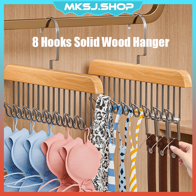 8 Hooks Hanger Solid Wood Stainless Steel Anti Slip Clothes Sling Belt ...