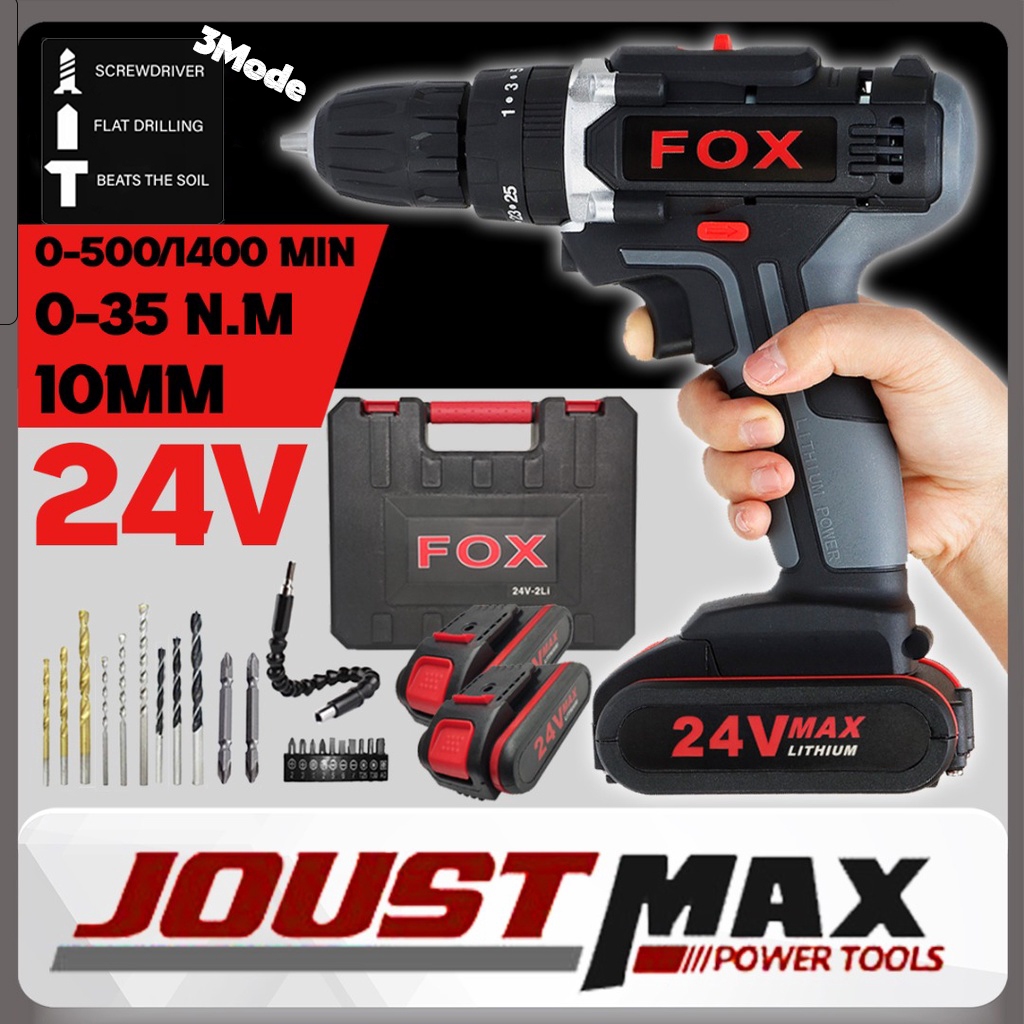 FOX 24V (GREY) 3 Mode Cordless Hammer Impact Drill Screwdriver 2 LI-ION ...