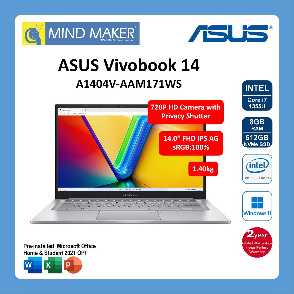 Asus Vivobook 14 A1404V-AAM171WS Notebook (CoolSilver) i7-1355U / Win11 ...