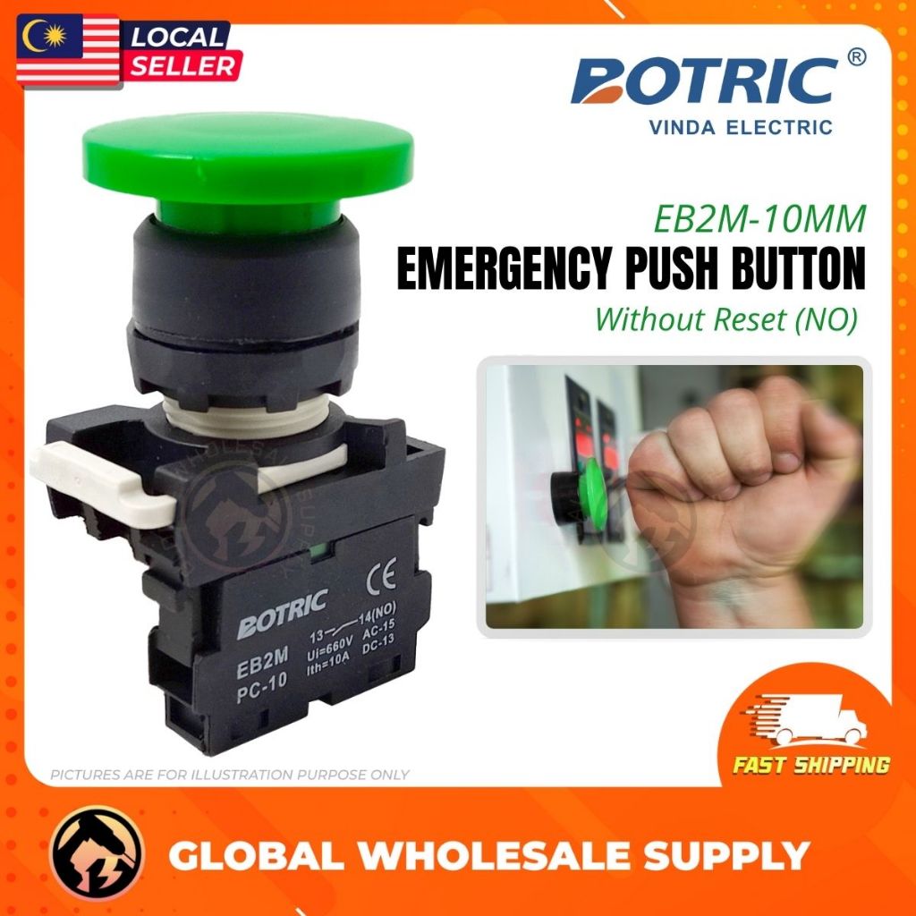 BOTRIC EB2M-10M Emergency WITHOUT Reset Push Button Plastic Mushroom ...