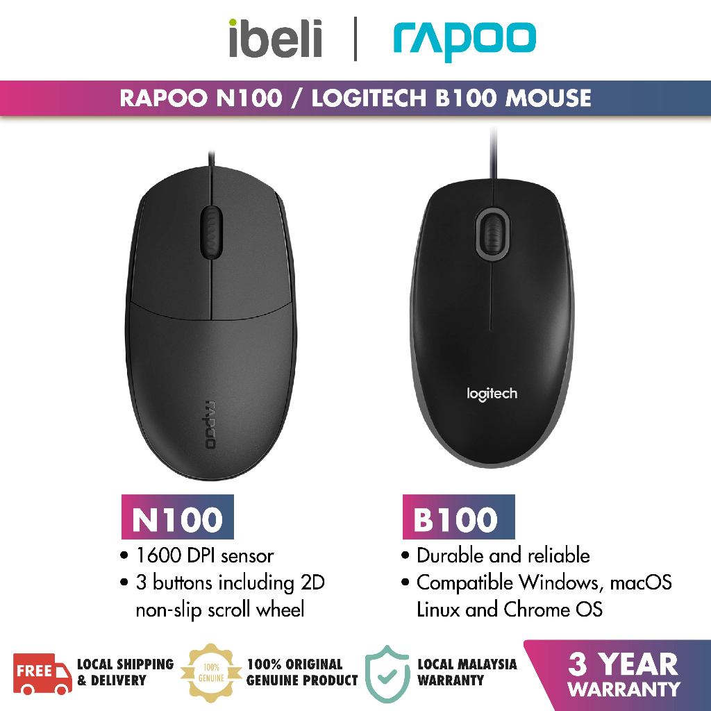 Rapoo N100 / N200 Wired Optical Mouse (1600 DPI) / Logitech B100 ...
