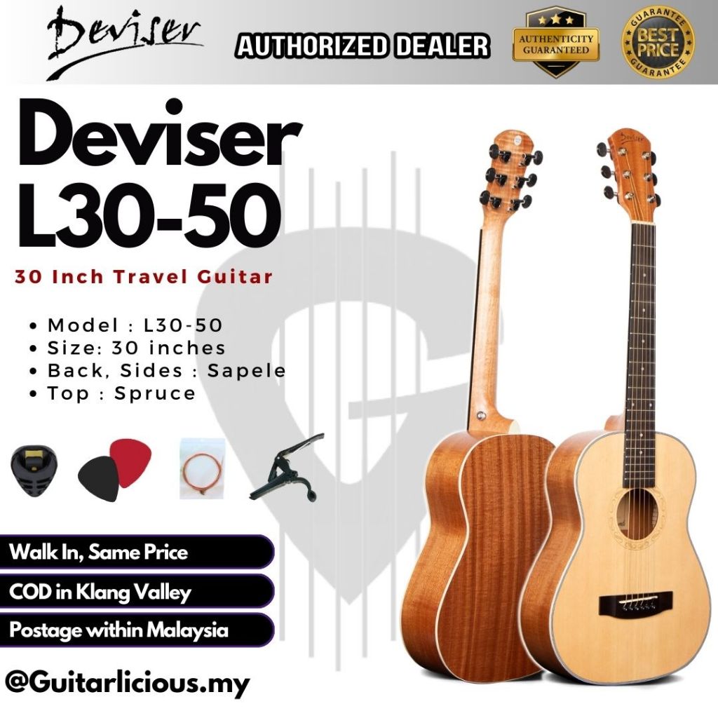 Deviser 30 inch Acoustic Travel Guitar, Spruce Top L30-50 / L30 50 6 strings Akustik gitar ...