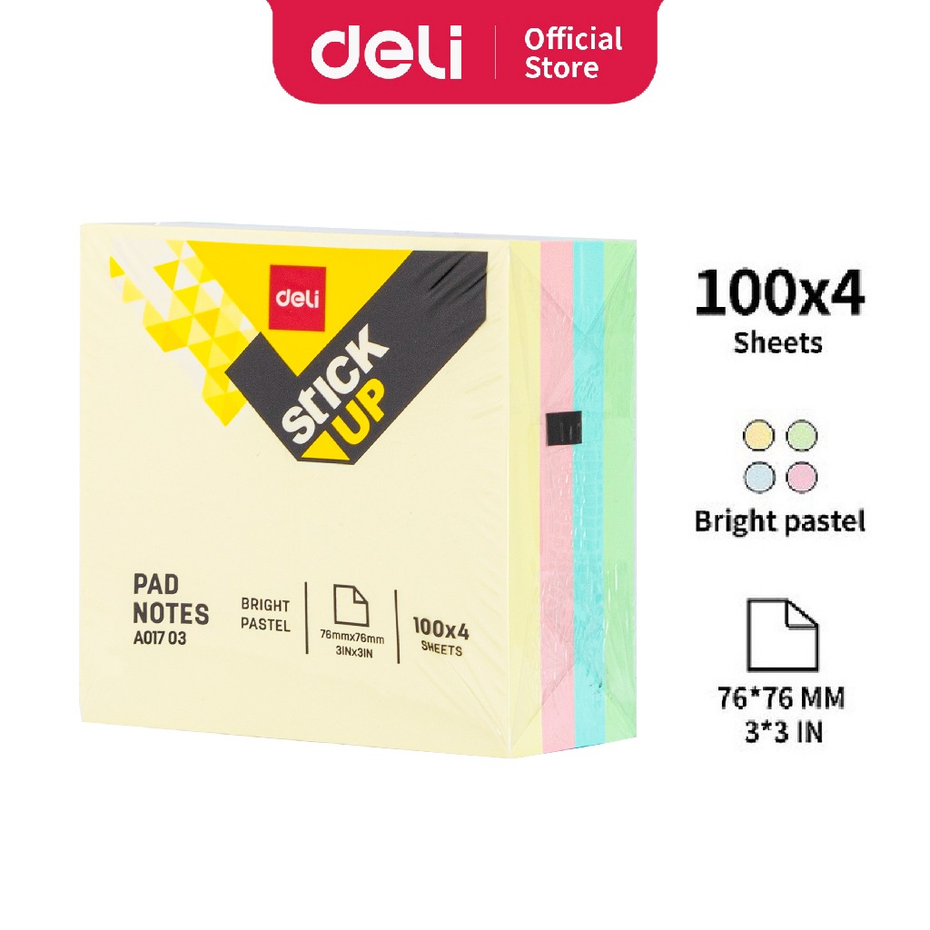 Deli Sticky Notes Bright Pastel Colour (3 x 3" x 4 x 100's) | Shopee ...
