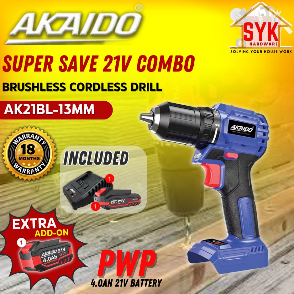 SYK Akaido AK21BL 13mm Brushless Cordless Drill Combo Set Battery ...