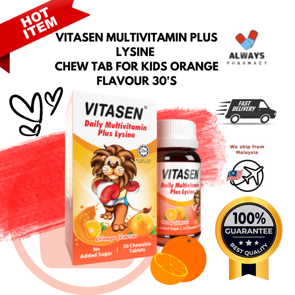 VITASEN MULTIVITAMIN PLUS LYSINE CHEW TAB FOR KIDS ORANGE FLAVOUR 30'S | Shopee Malaysia