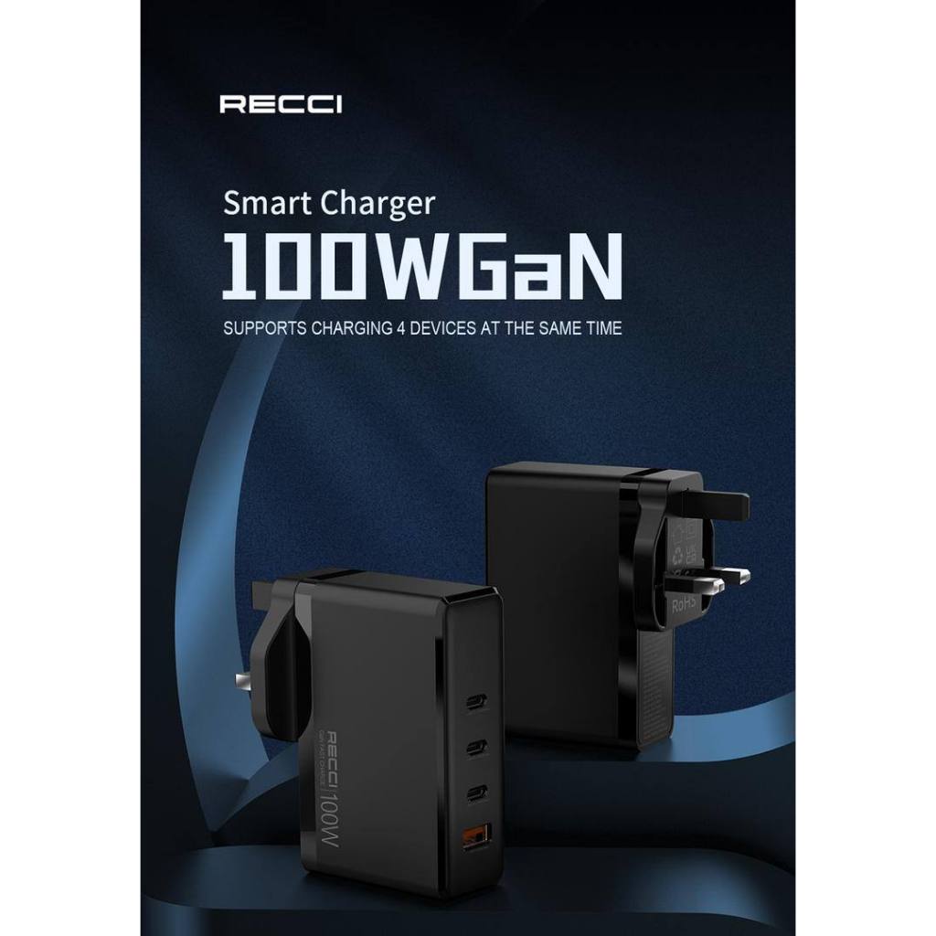 RECCI RC41 100W GAN SMART CHARGER 4 PORTS FAST CHARGING | Shopee Malaysia