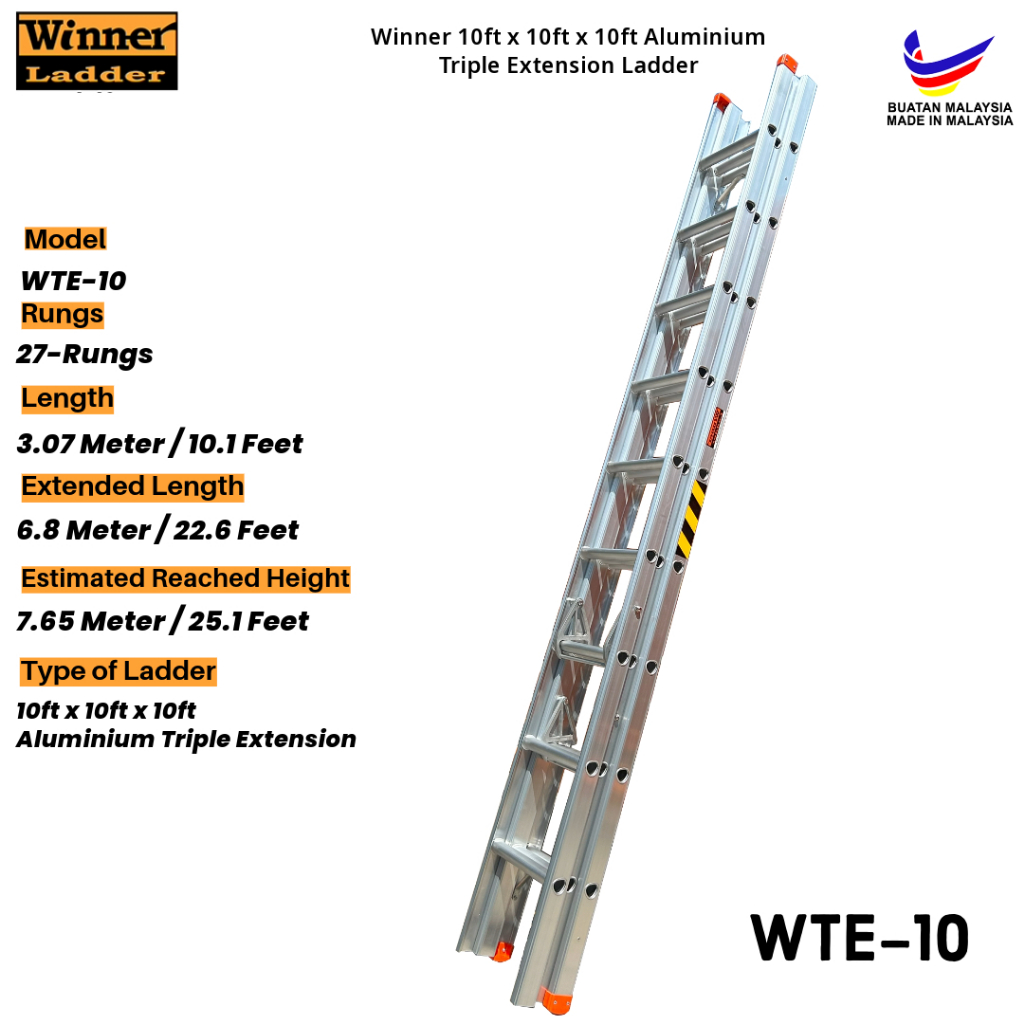 Winner 10ft x 10ft x 10ft Triple Extension Aluminium Ladder ...