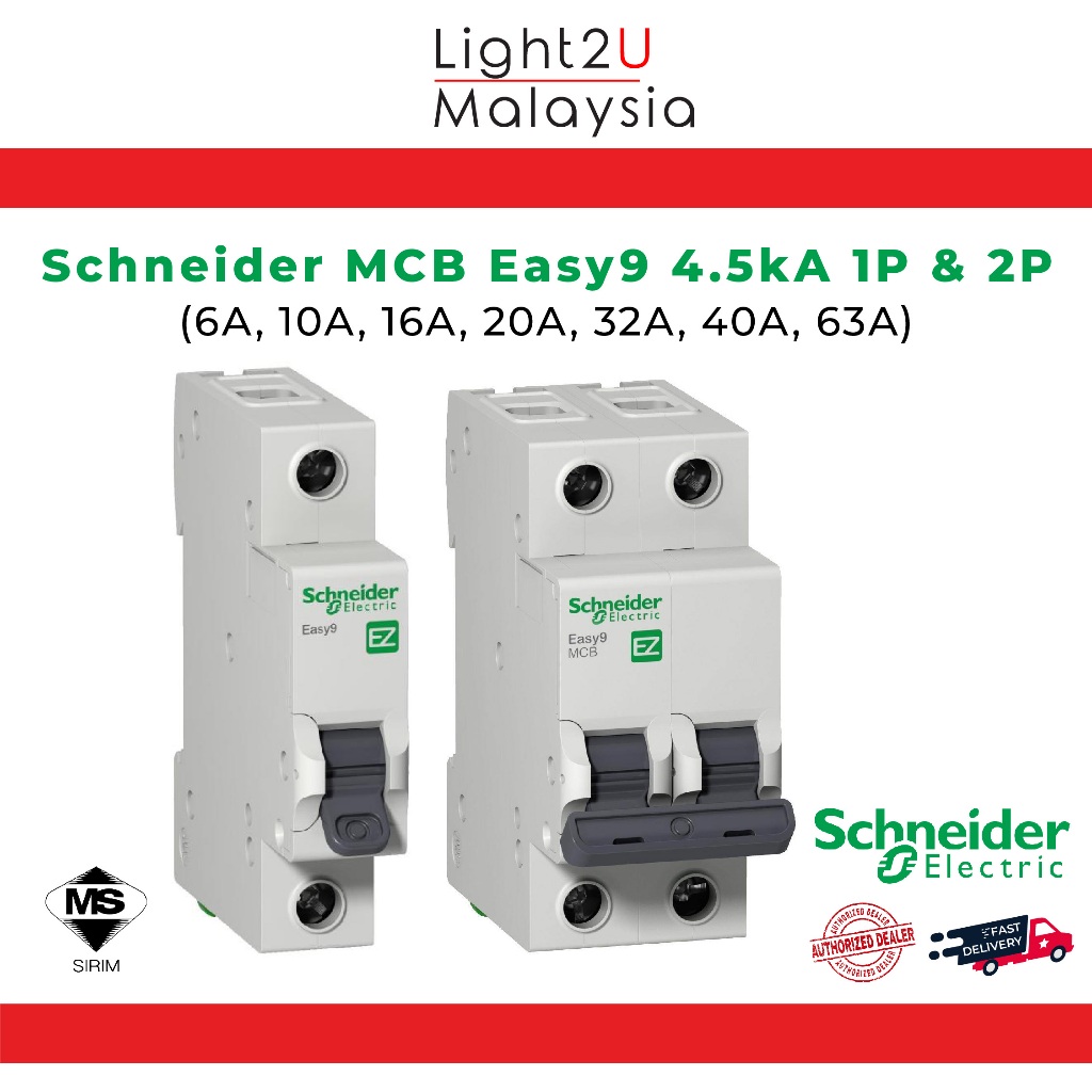 Schneider MCB 1 Pole / 2 Pole 4.5KA Easy9 C-Curve | Miniature Circuit ...