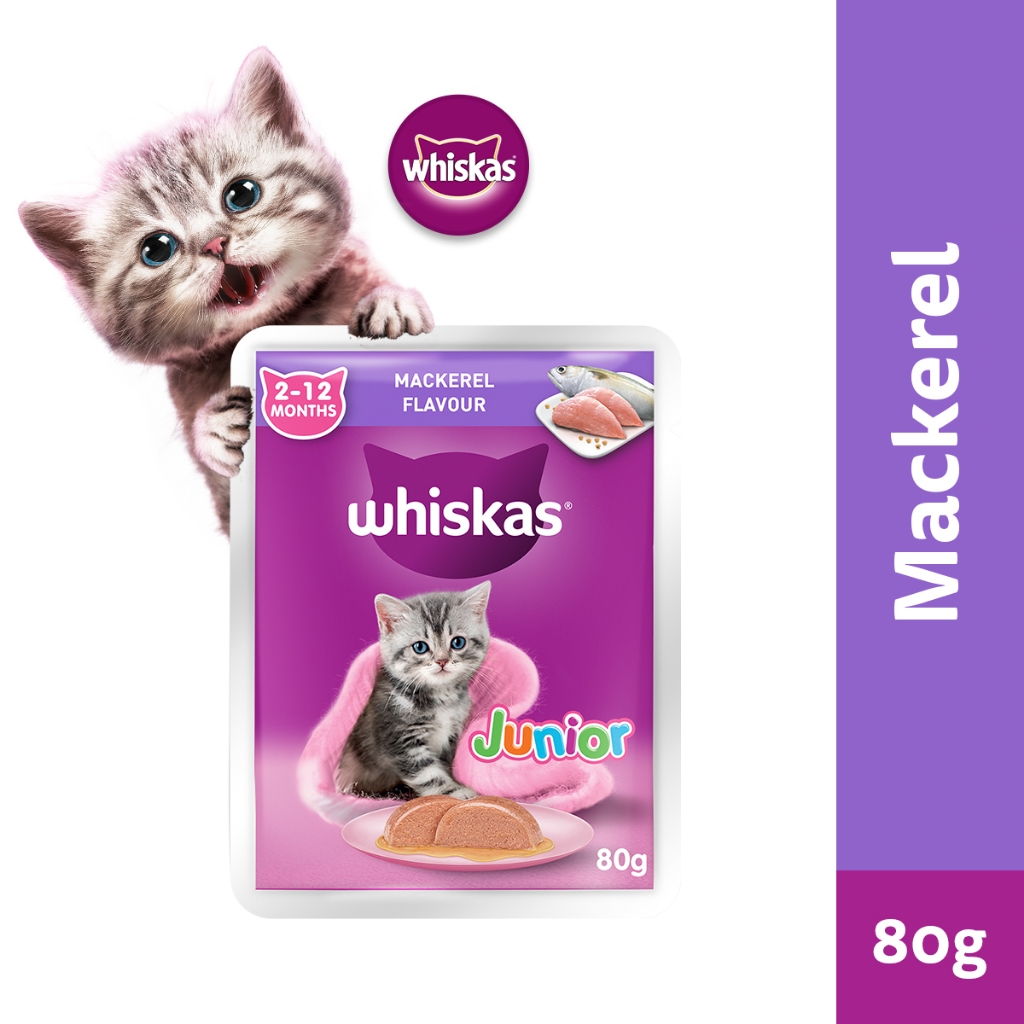 WHISKAS Junior Mackerel Flavor Kitten Wet Food Pouch (7-Pack), 80g. Wet ... WHISKAS Junior Mackerel Flavor Kitten Wet Food Pouch (7-Pack), 80g. Wet ...