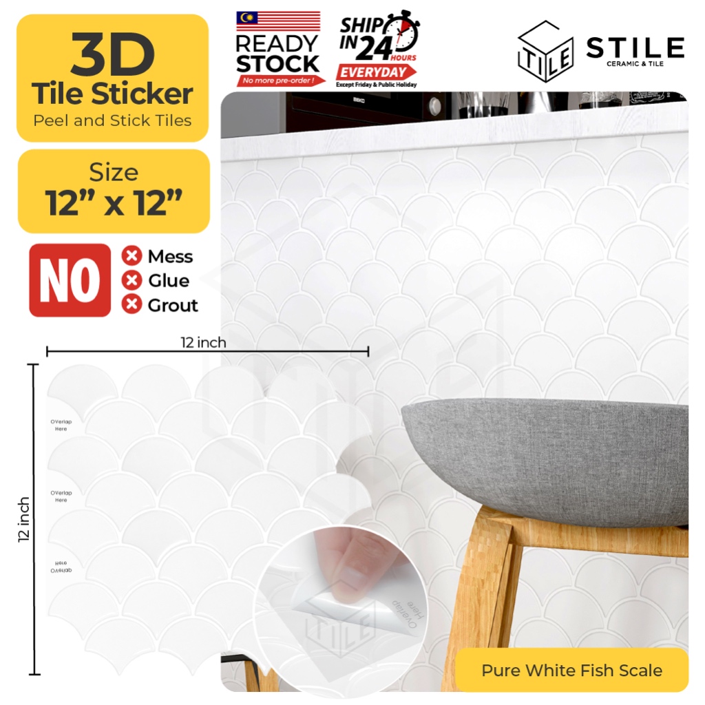 Pure White Fish Scale 3D Tiles Sticker Kitchen Bathroom Wall Tiles Sticker Self Adhesive ...
