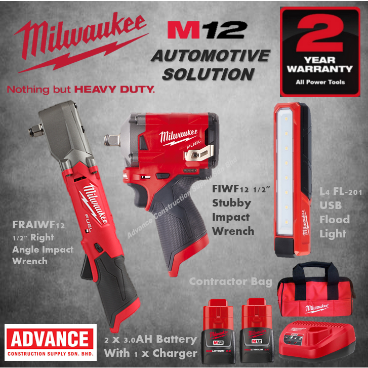MILWAUKEE M12 Automotive Combo ( FIWF12 Impact Wrench / FRAIWF12 Right ...