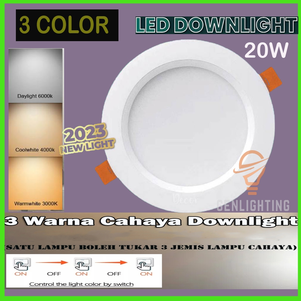3 Colour LED Downlight Round 20W 6'' Recessed Downlight Panel on/off ...