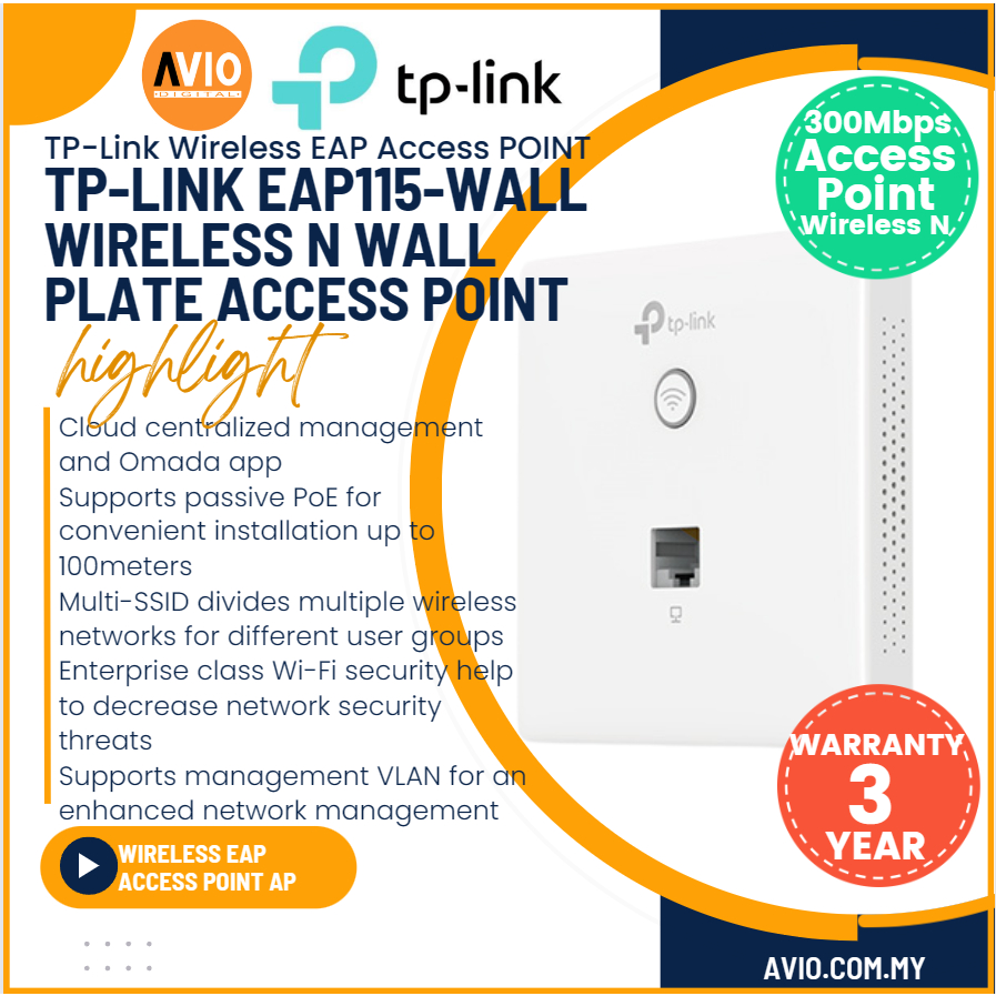 TP-LINK Tplink EAP115 Wall 300Mbps 2.4GHz Wireless Wifi Access Point ...