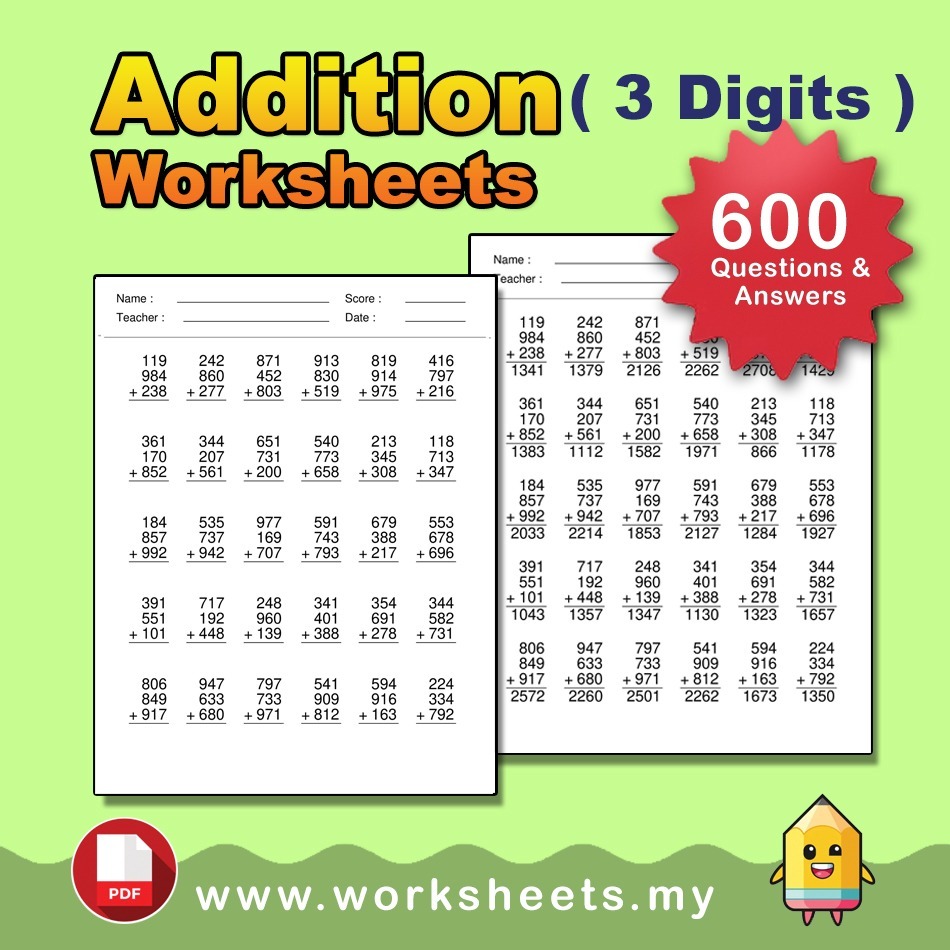 IGCSE Math [SoftCopy]: 3 digits Addition Worksheets 1800 Q+A | IGCSE ...