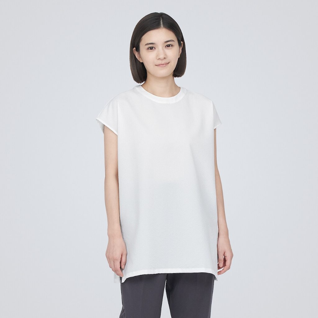 MUJI Ladies Breathable Seersucker Woven French Sleeve Tunic | Shopee ...