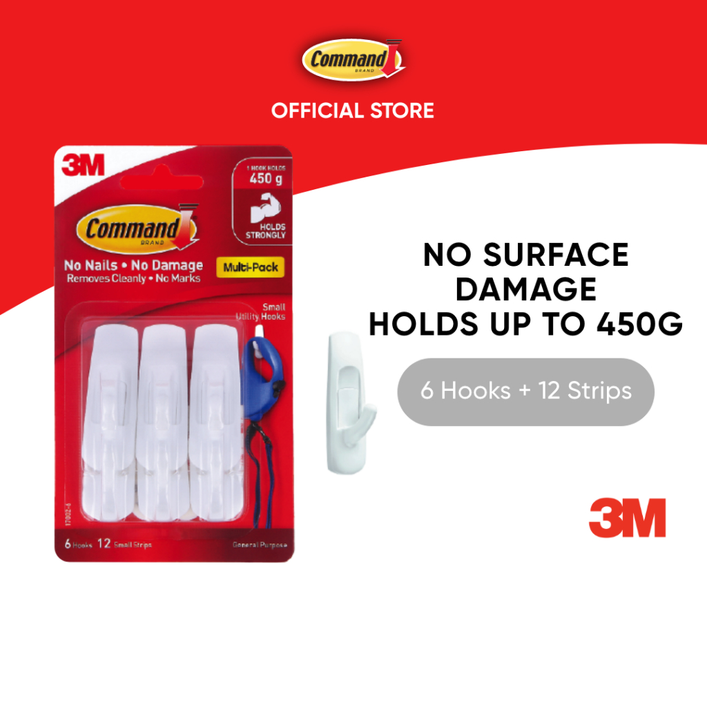 3M™ Command™ Utility Hooks, 17002-6, Holds Up to 450g, 6 hooks + 12 strips, Small, For hanging ...
