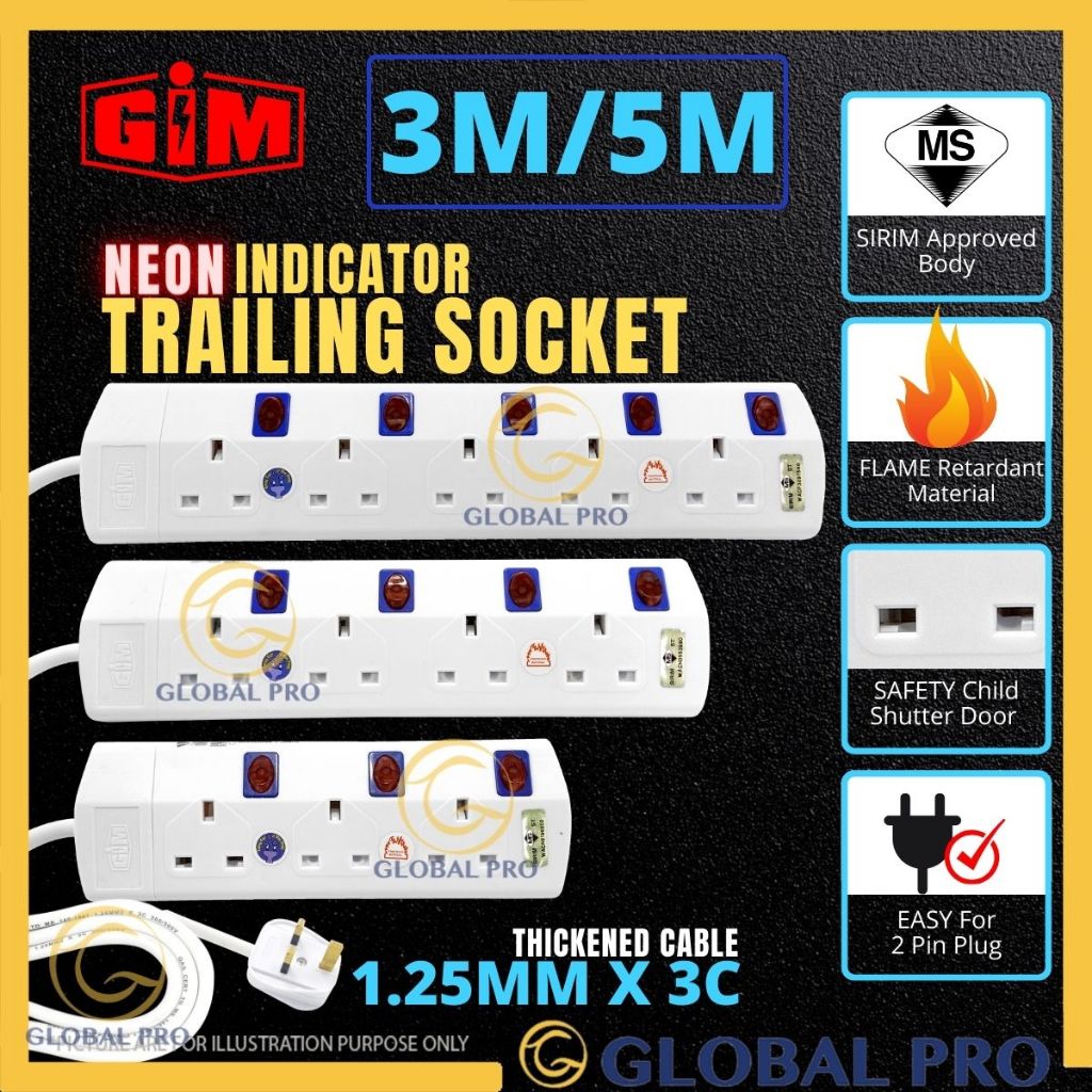 [sirim] Gim 3 4 5 Way 1 25mm X 3c 3 5 Mtr Portable Extension Trailing Socket Neon Indicator Full