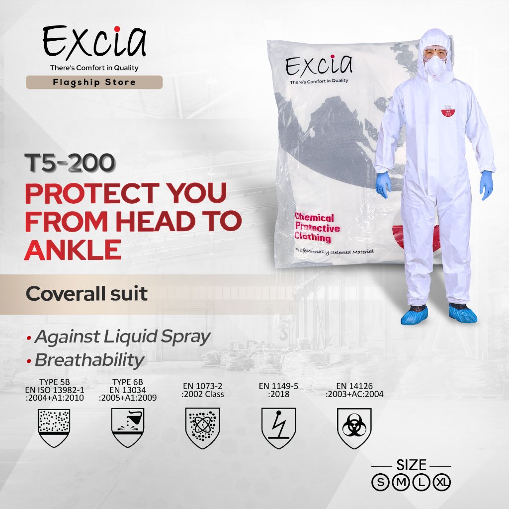 Excia T5 200 Baju Ppe Suit Coverall Suit Disposable Gown Hazmat Suit