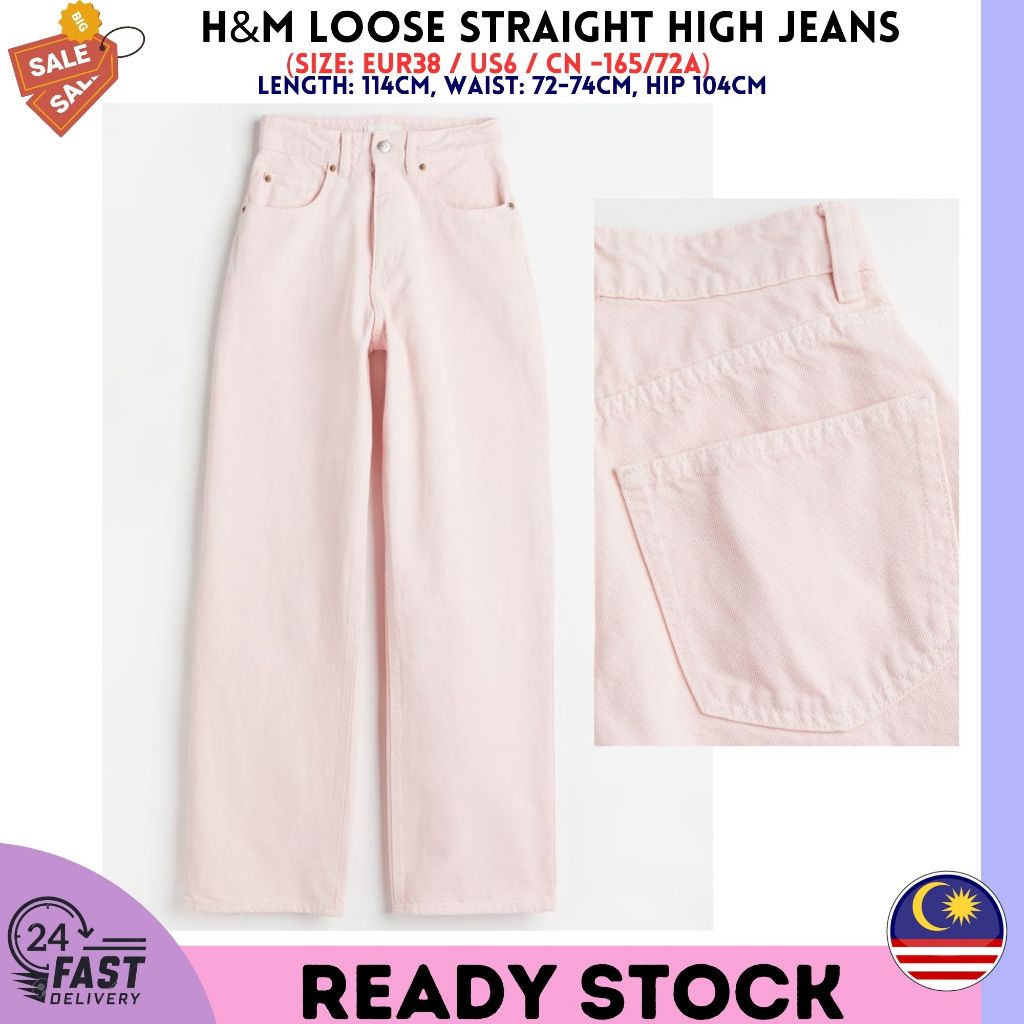 (Size EUR38) H&M Light Pink Loose Straight High Jeans High Waist Long Trousers Denim Wide Leg ...
