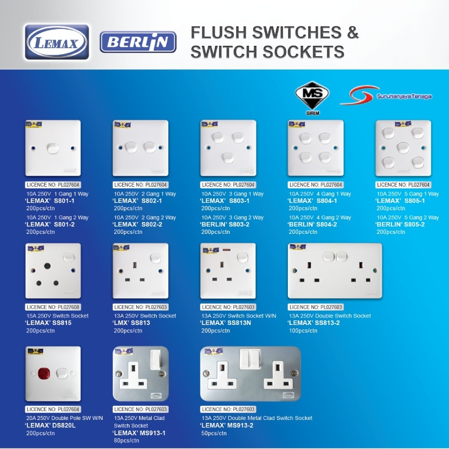 LEMAX - 1g, 2g, 3g, 4g, 5g Double Pole swicth Socket jenama LEMAX White ...