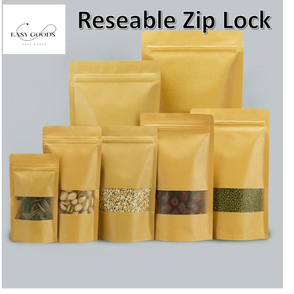 Kraft Paper Zip Bag With Clear Window Zipper Resealable Food Packaging ...