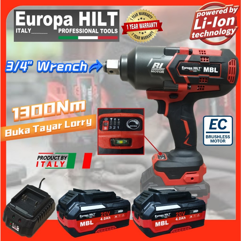Europa HILT ITALY MBL20IW-1300 20v Cordless BrushLess Impact Wrench ...