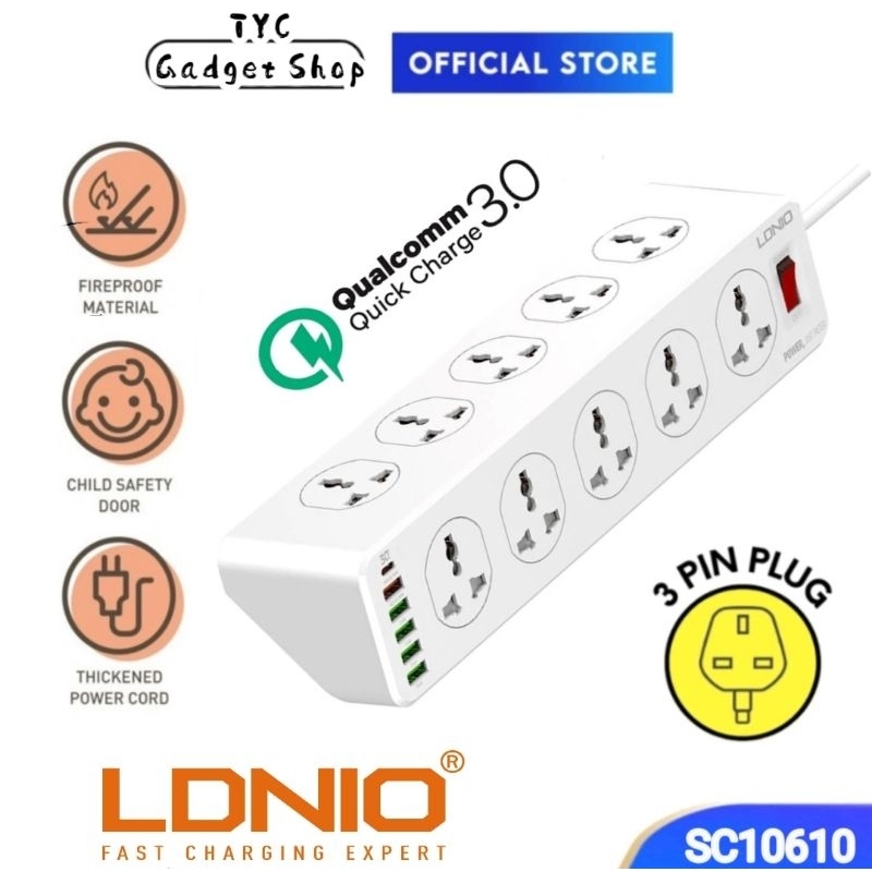 LDNIO SC10610 Extension Power Socket Strip With 10 Sockets 6 Type-C USB ...