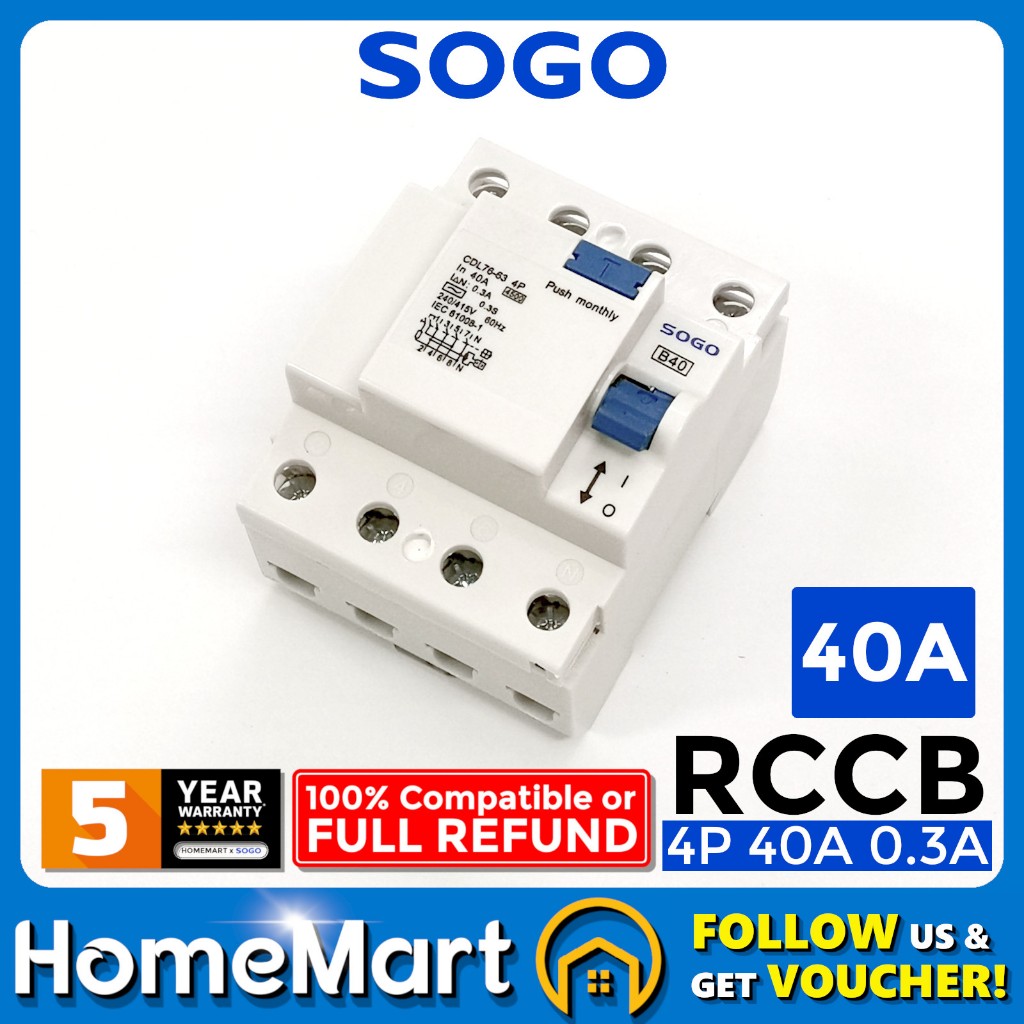 【Approved】 SOGO RCCB 40A ELCB Residual Current Circuit Breaker 4 Pole ...