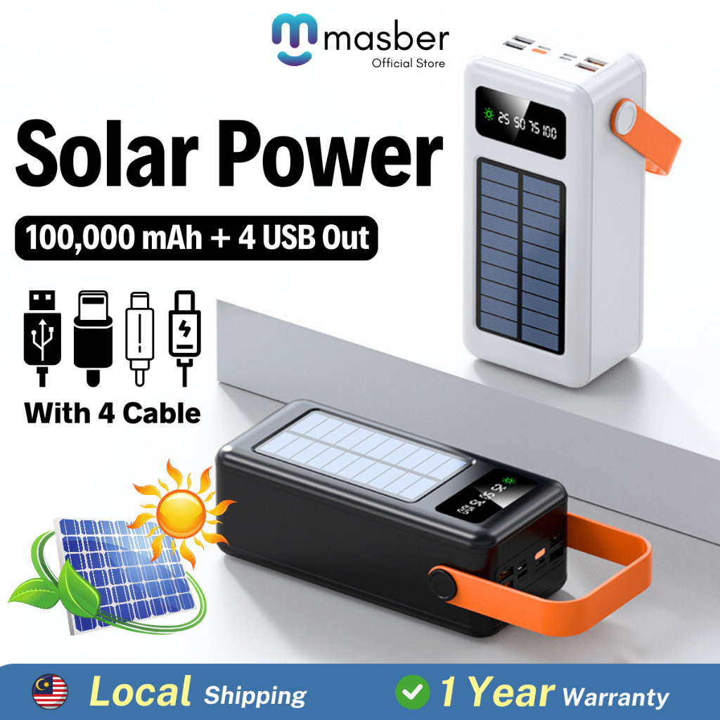 MASBER Solar Powerbank 100000mAh solar with 4 Cable Power Bank Besar ...