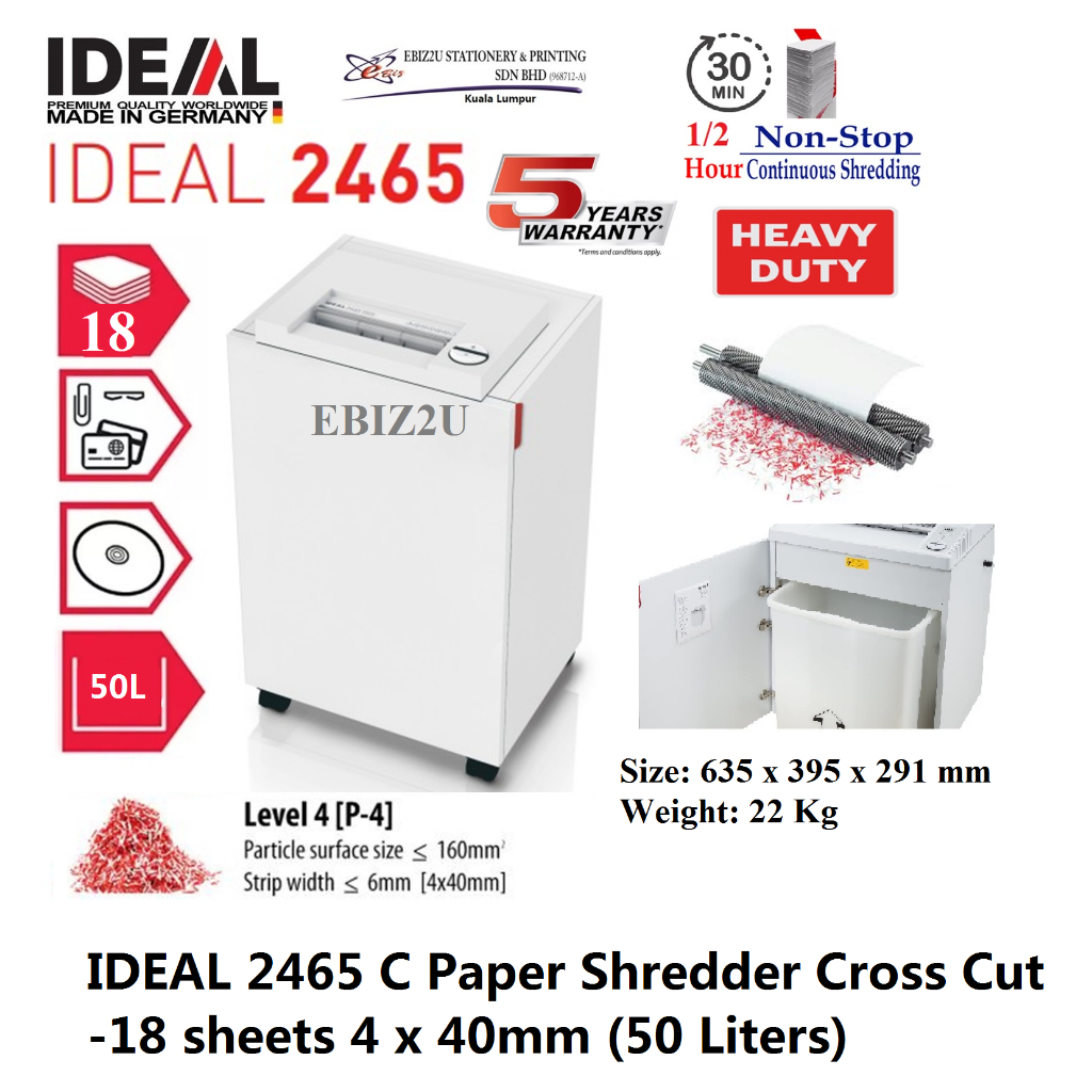 IDEAL 2465 C 4 x 40mm Heavy Duty Paper Shredder Cross Cut -18 sheets (50 Liters) MESIN PERINCIH ...