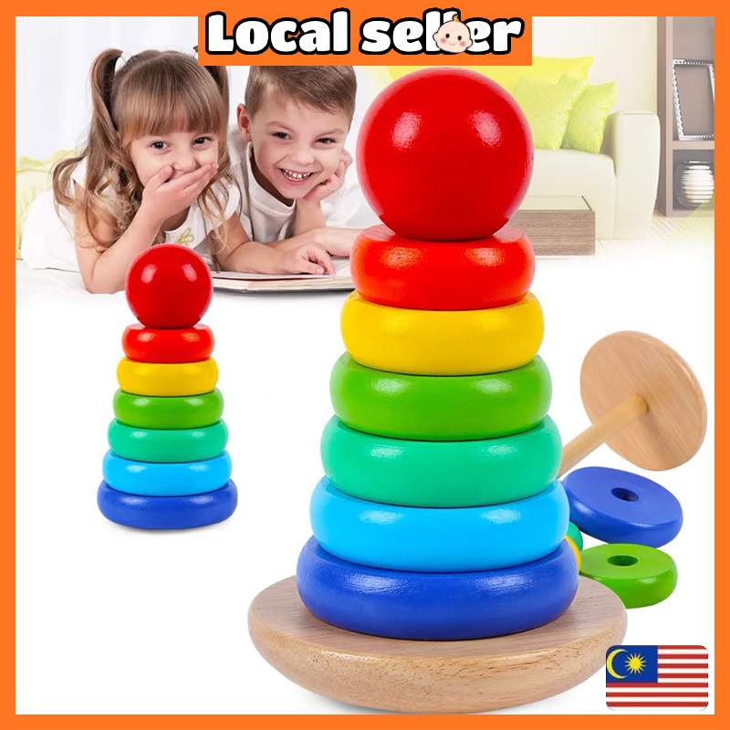 Aikoky Wooden Rainbow Tower Ring Building Blocks Kids Educational ...