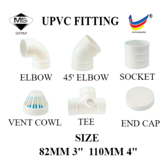 3" 82MM 4" 110MM UPVC PIPE FITTING ELBOW SOCKET TEE END CAP | Shopee ...