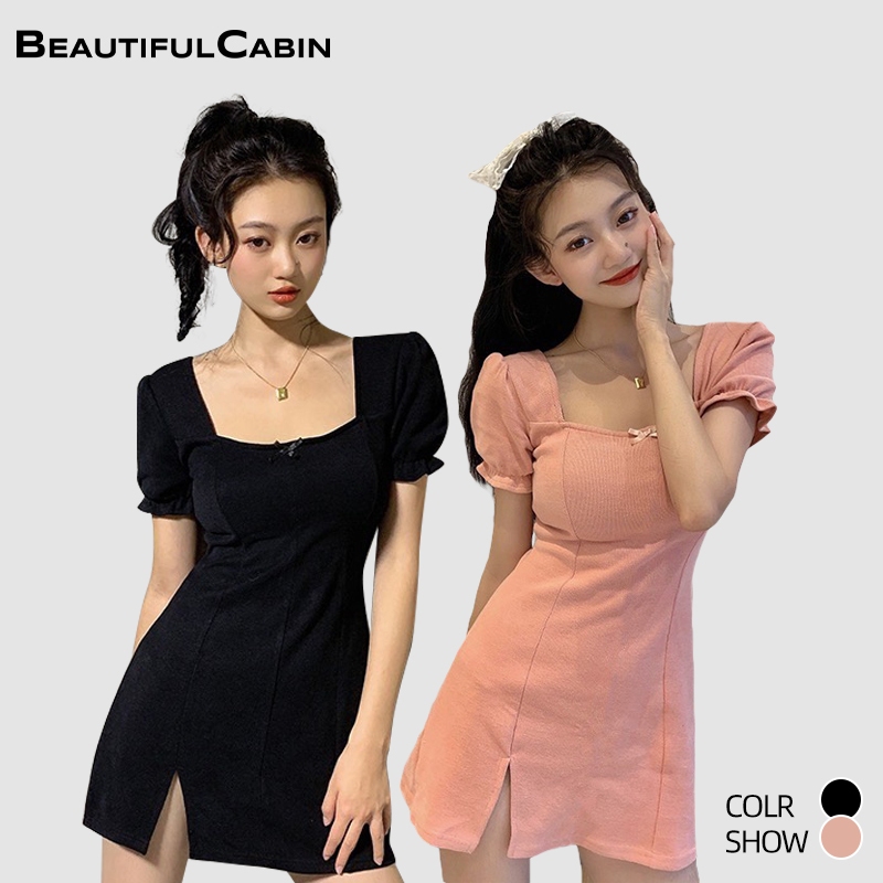 Casual Lace Up Puff Sleeve Square Neck Dress for Women Gaun Leher ...