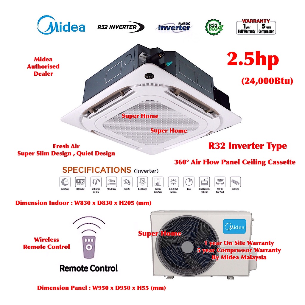 Midea R32 Inverter Ceiling Cassette Air conditioner 1.5hp - 3.0hp (MCX-PANEL-04A1) R32 Inverter ...