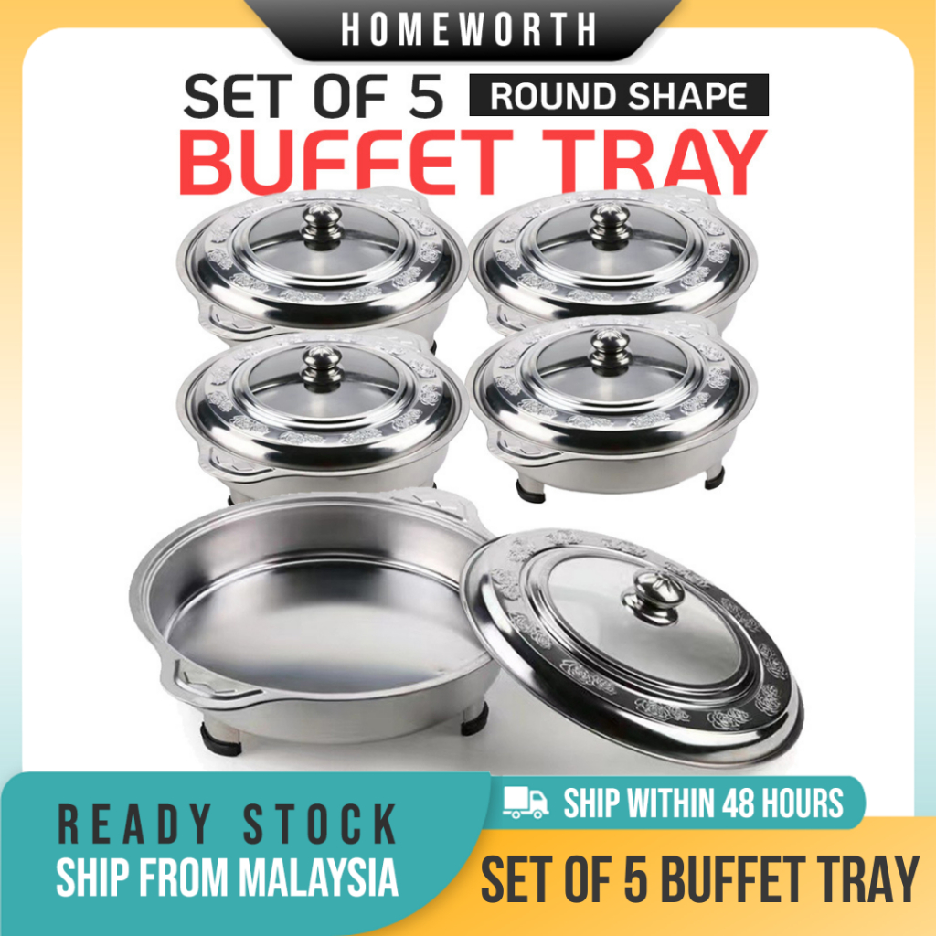 HOMEWORTH 5 PCS Round Buffet Catering Serving Tray Set Embossed Glass ...